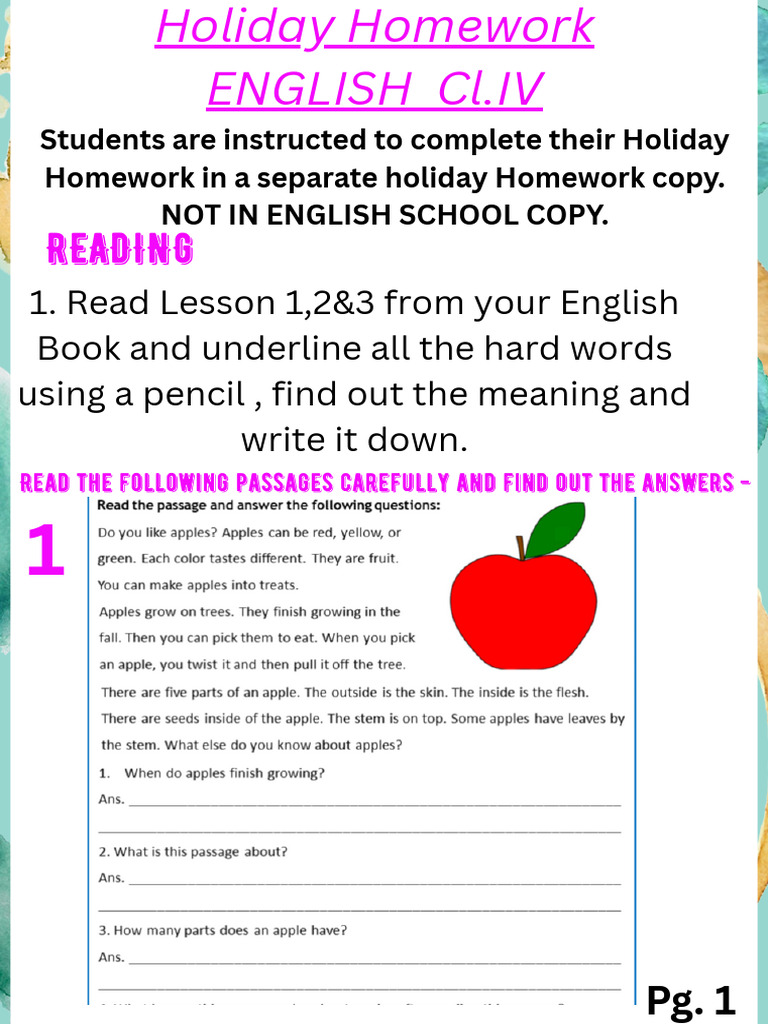 English Holiday Homework (Cl.4) | PDF