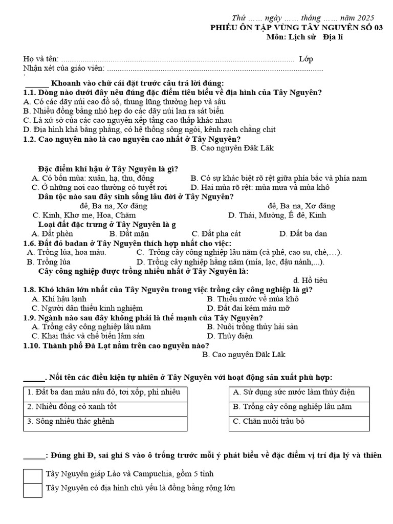 LSDL - Tây Nguyên - Phieu 3 | PDF