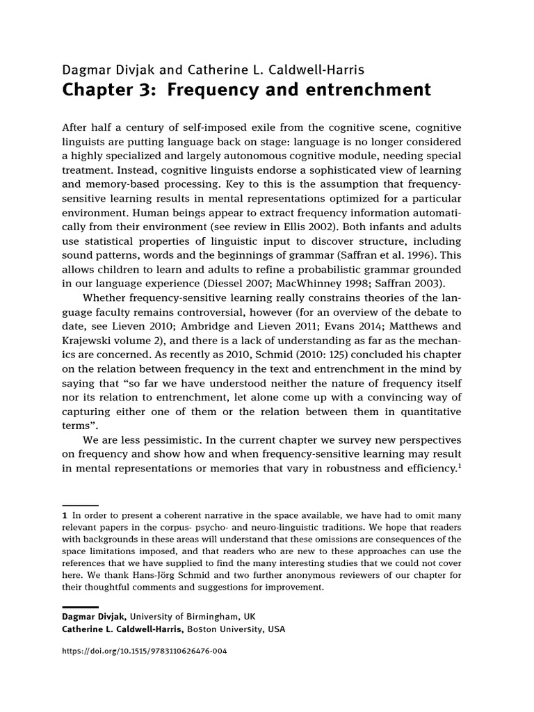 Chapter 3: Frequency and Entrenchment: Dagmar Divjak and Catherine L. Caldwell-Harris | PDF ...