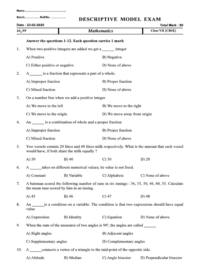 Descriptive Exam VII (CBSE) Questions 23-02-2025 | PDF