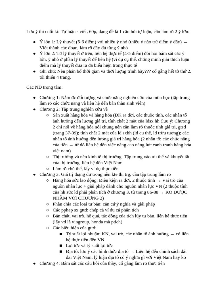 Lưu ý thi cuối kì KTCT | PDF