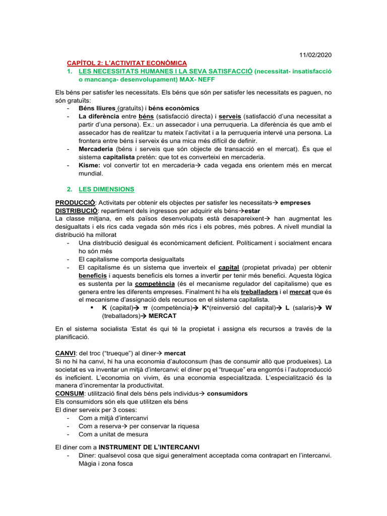 CAPÍTOL 2 (Economia) 1r PARCIAL | PDF