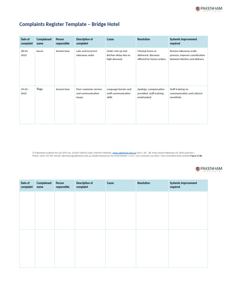 SITXCOM010 Complaints Register Template (1) 3 | PDF