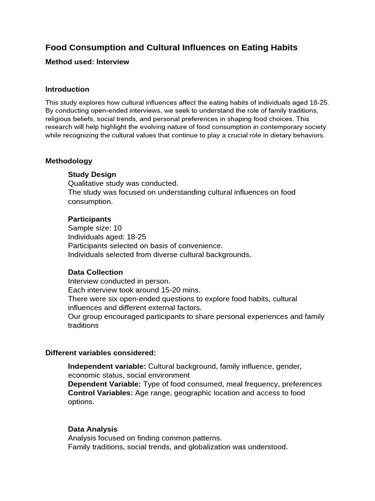 Food Consumption and Cultural Influences On Eating Habits - Revised ...