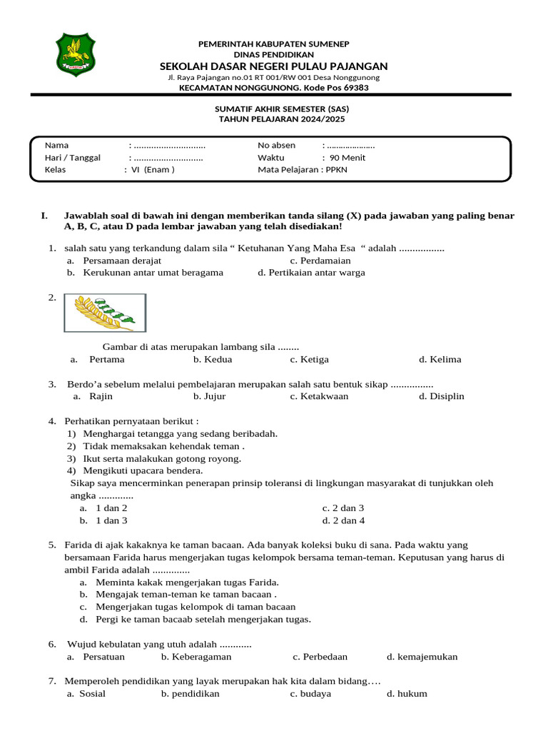 Soal Sas Ppkn Kelas 6-Ali | PDF