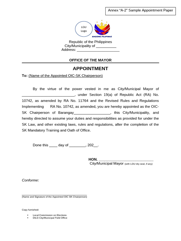 OIC-SK Chairperson Appointment Template | PDF