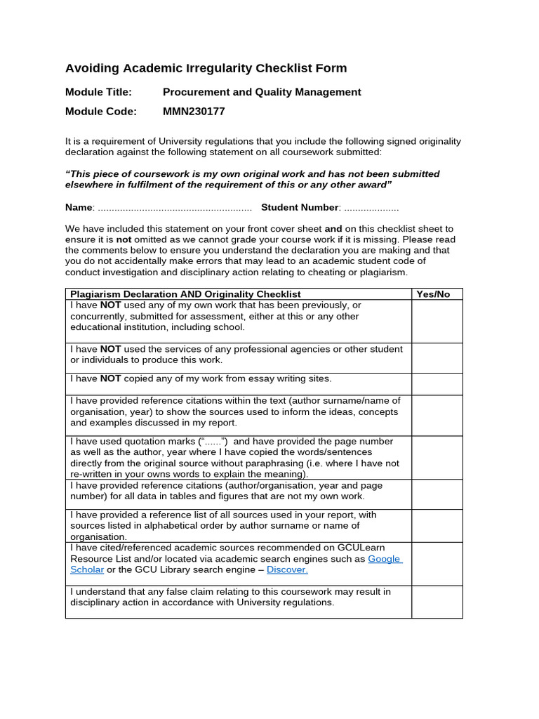 Avoiding Academic Irregularity Checklist Form (PQM) | PDF | Plagiarism ...