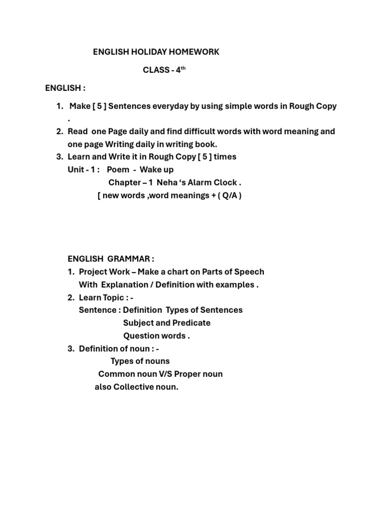 Class 4th English Homework | PDF