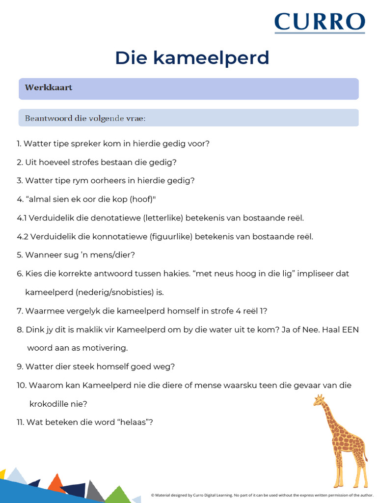 Die Kameelperd Werkkaart - Vrae | PDF