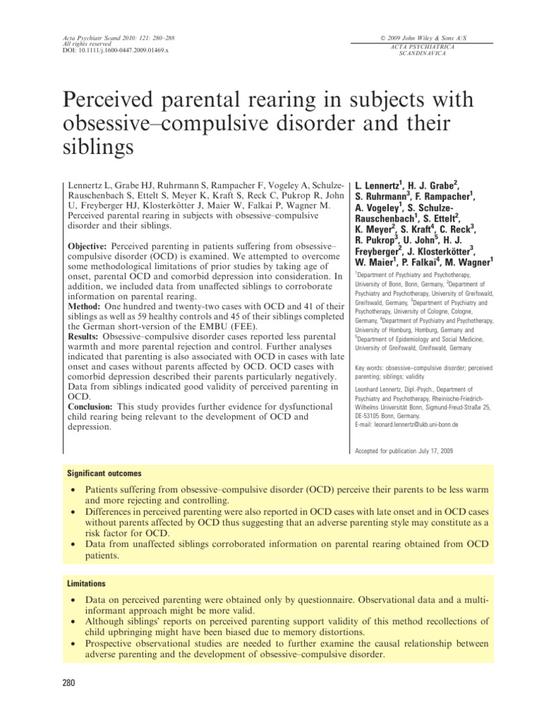 Perceived Parental Rearing in Subjects With - Obsessive-Compulsive Disorder and Their - Siblings ...