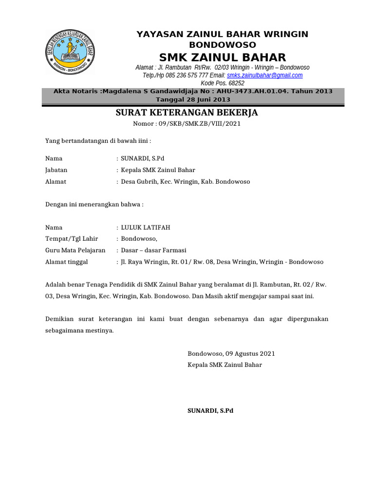 Contoh Surat Keterangan Kerja | PDF