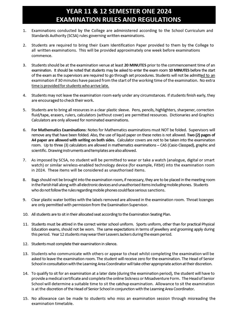 SCSA Exam Rules for Year 11 & 12 | PDF