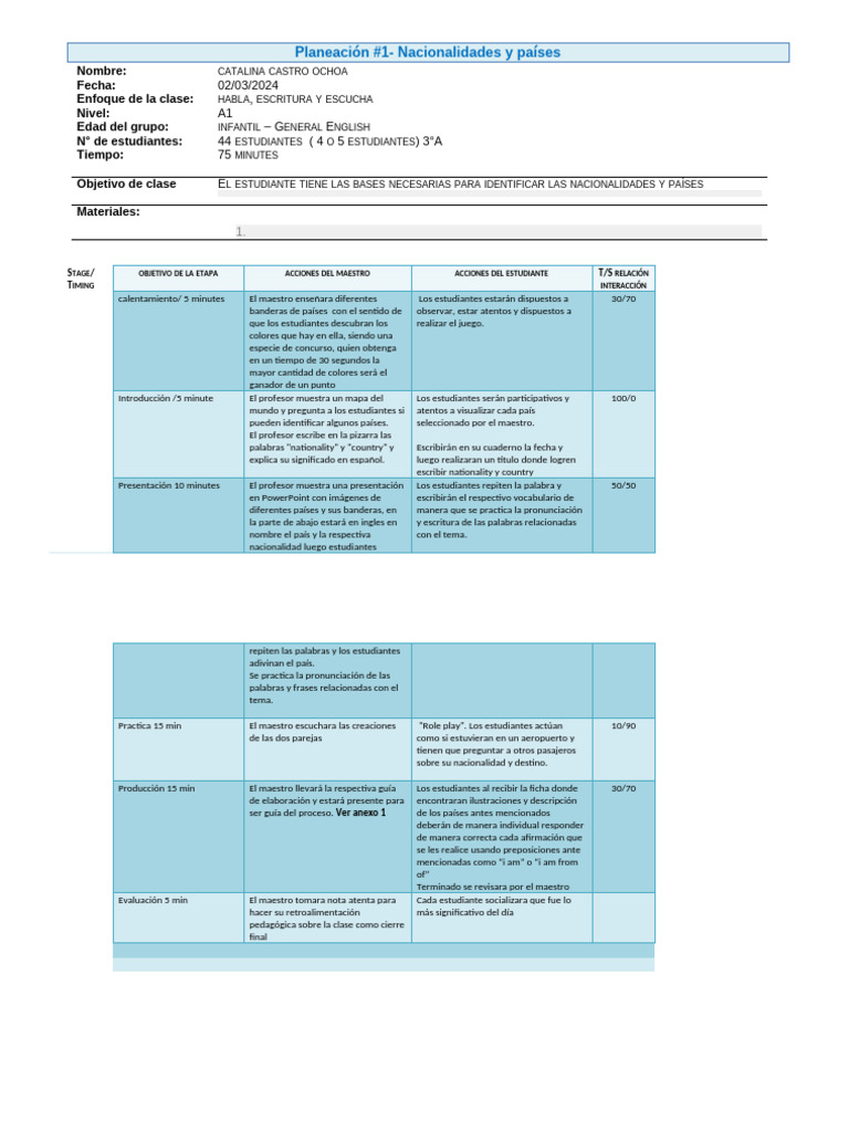 Planeaci N #1 - Catalina Castro Ochoa-Ingles | PDF