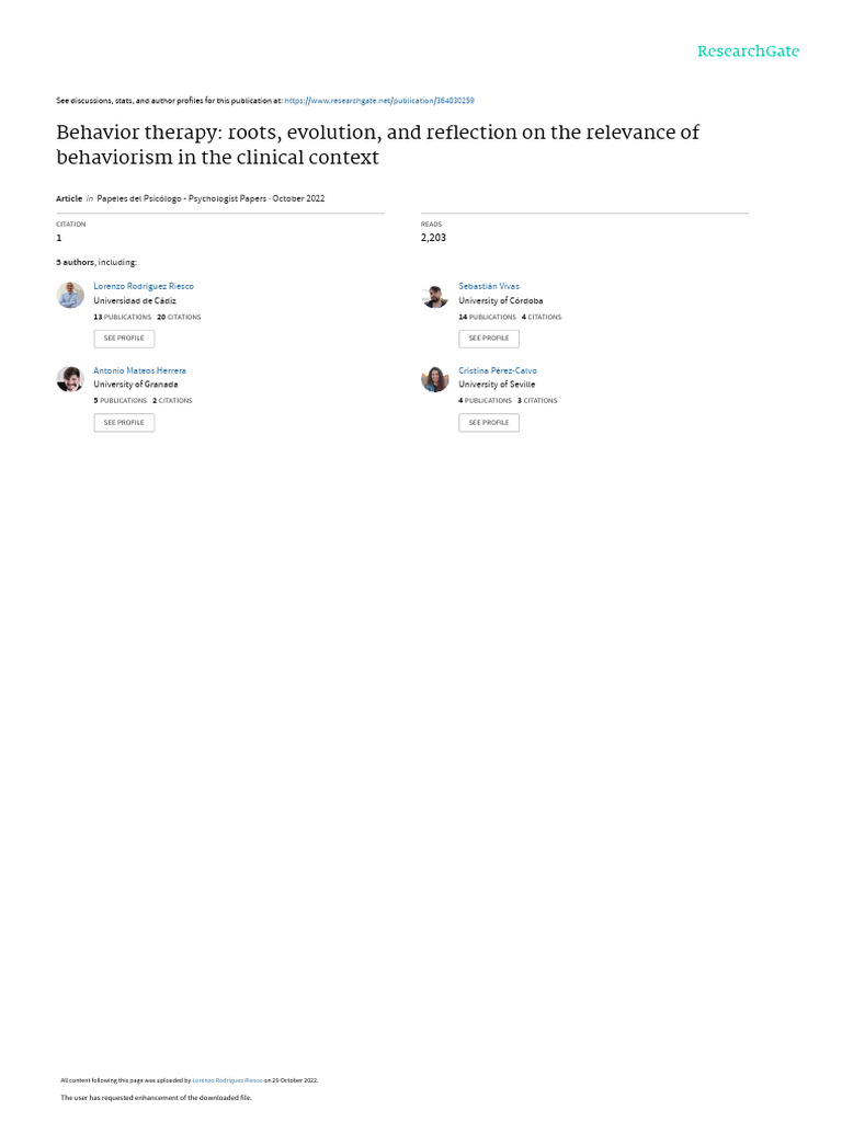 Behavior Therapy: Roots, Evolution, and Re Ection On The Relevance of ...