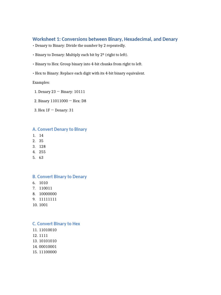 Binary Practice Worksheets | PDF