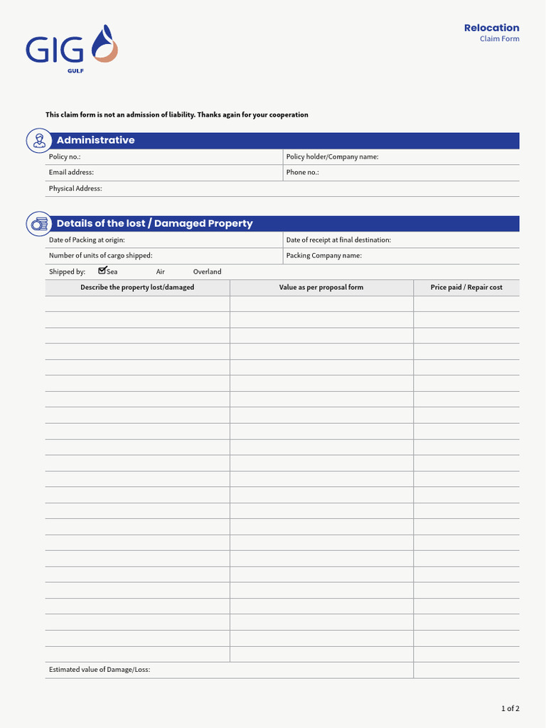 GIG PL - Relocation Claim Form - Gulf-Editable | PDF | Bahrain | Insurance