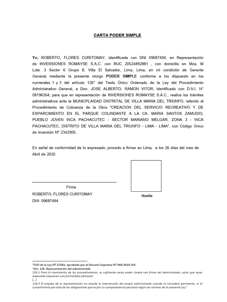 Carta Poder Simple para Trámites Administrativos | PDF