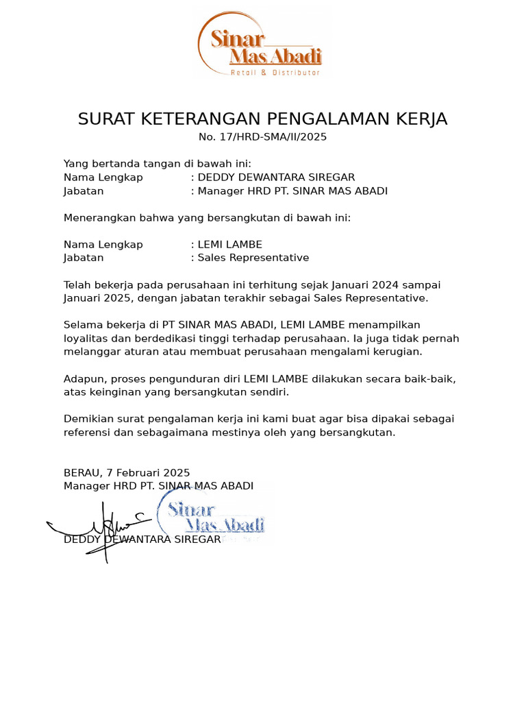 SURAT KETERANGAN KERJA LEMI | PDF