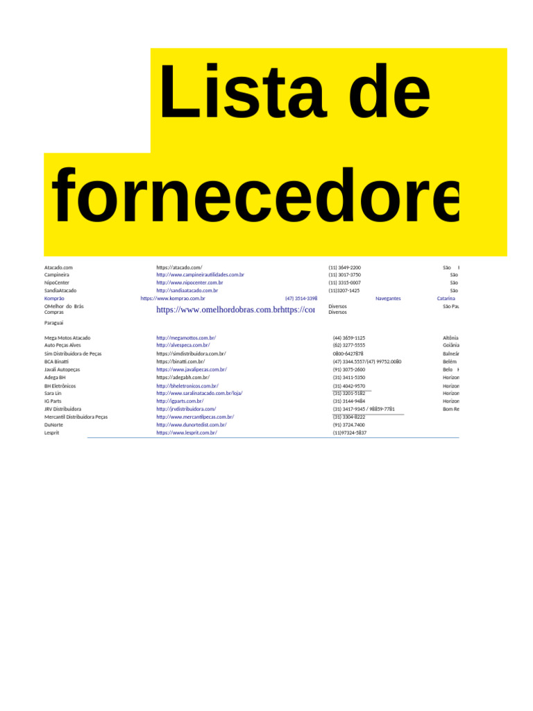 Lista de Fornecedores Igor Lopes 2025 | PDF