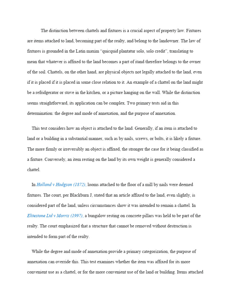 Fixtures V Chattels Essay | PDF | Civil Law (Common Law) | Natural ...
