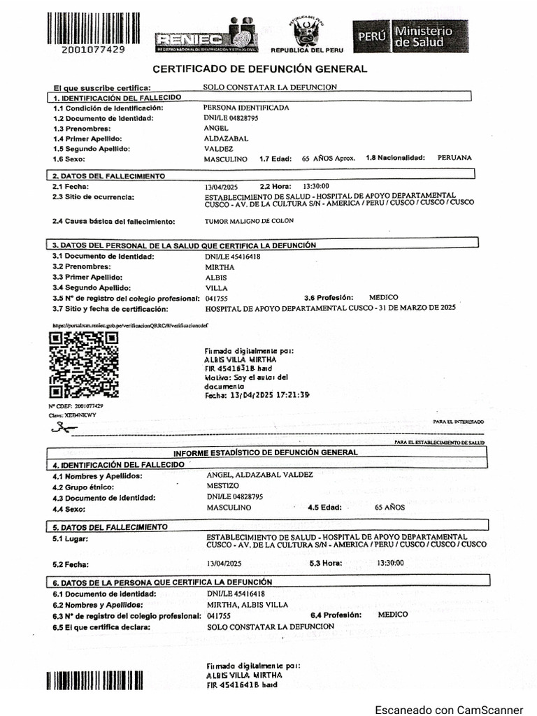Certificado Defunción. | PDF