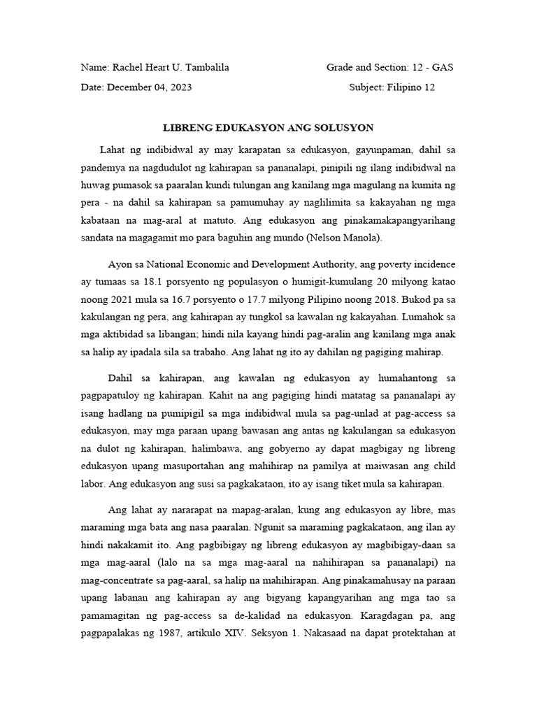 LIBRENG EDUKASYON ANG SOLUSYON_POSITION PAPER BY RACHEL TAMZ | PDF