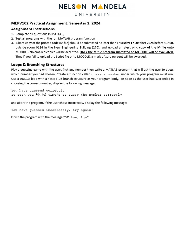 MATLAB Assignment: Guessing Game Task | PDF
