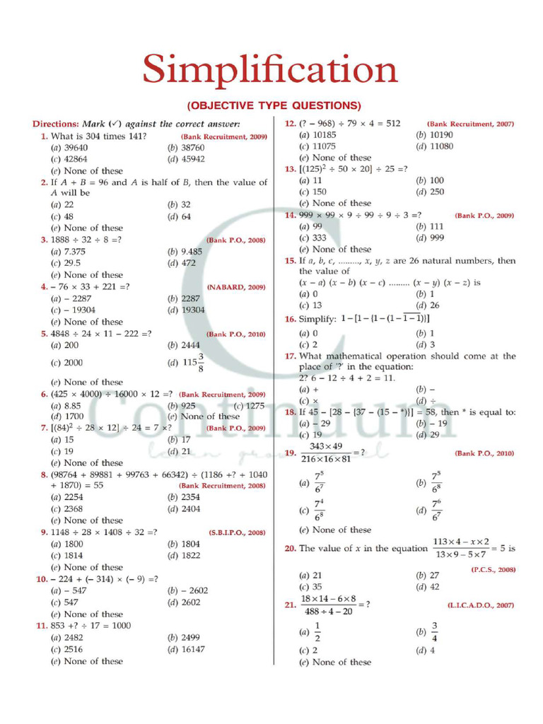 SIMPLIFICATION MCQs | PDF