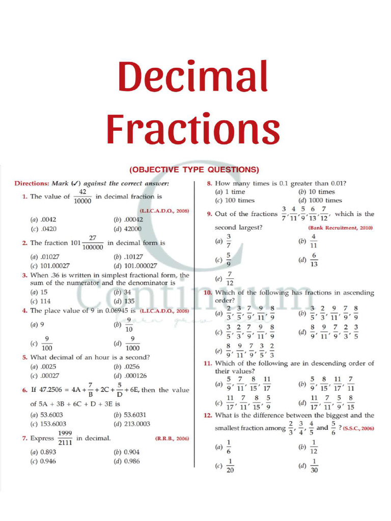 Decimal Fractions Mcqs | PDF