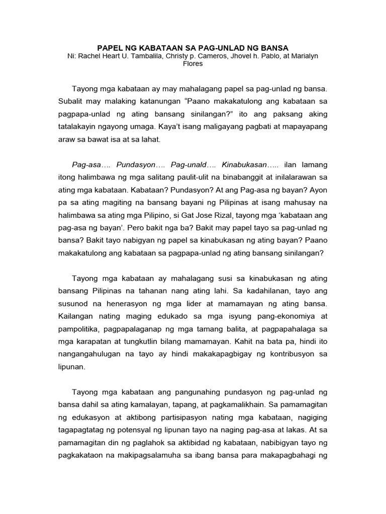 PAPEL NG KABATAAN SA PAG-UNLAD NG BANSA HAIMBAWA NG ISANG TALUMPATI NI ...