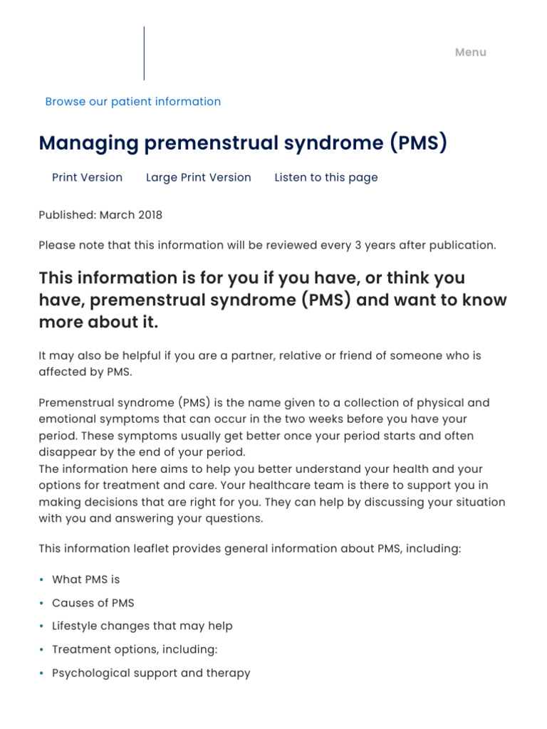 Managing Premenstrual Syndrome (PMS) - RCOG | PDF | Premenstrual ...