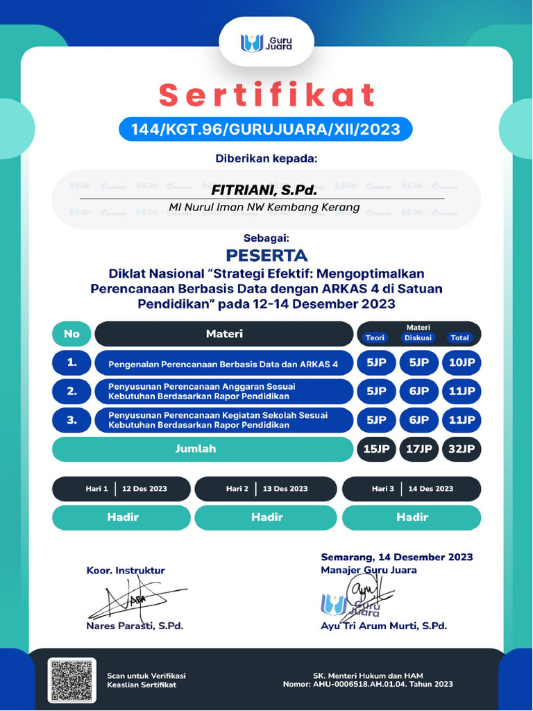 Fitrianis - PD Sertifikat Gurujuara 12-14 Des'2023 PDF | PDF