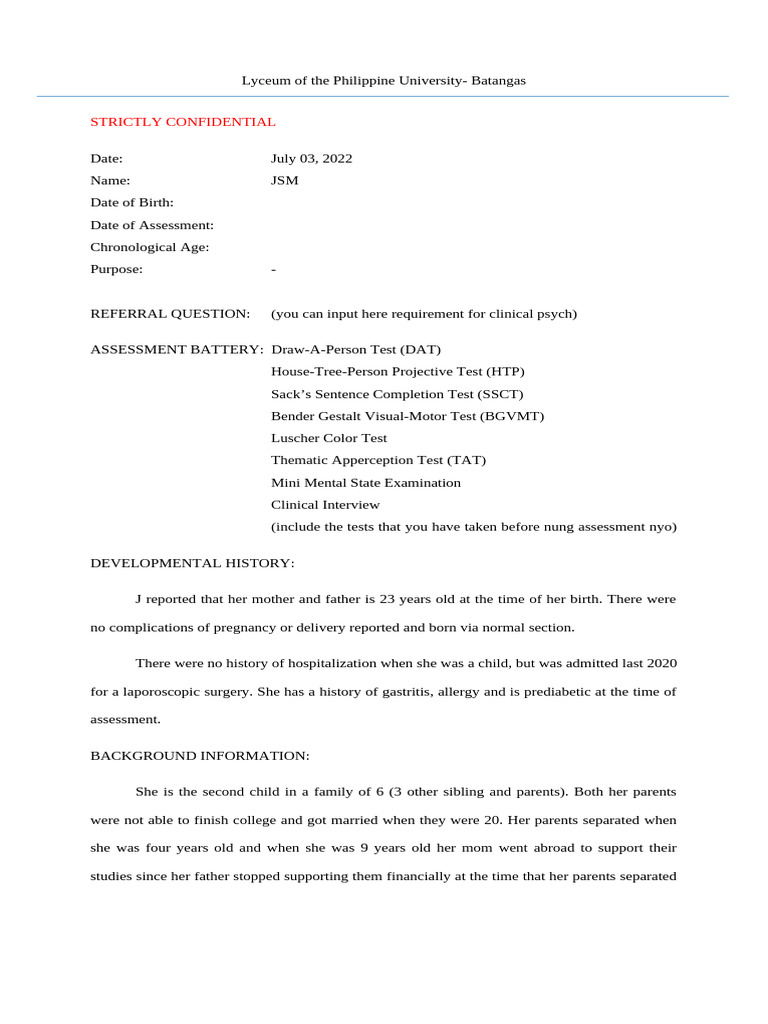 Psychological Report SAMPLE | PDF | Psychology | Psychological Testing