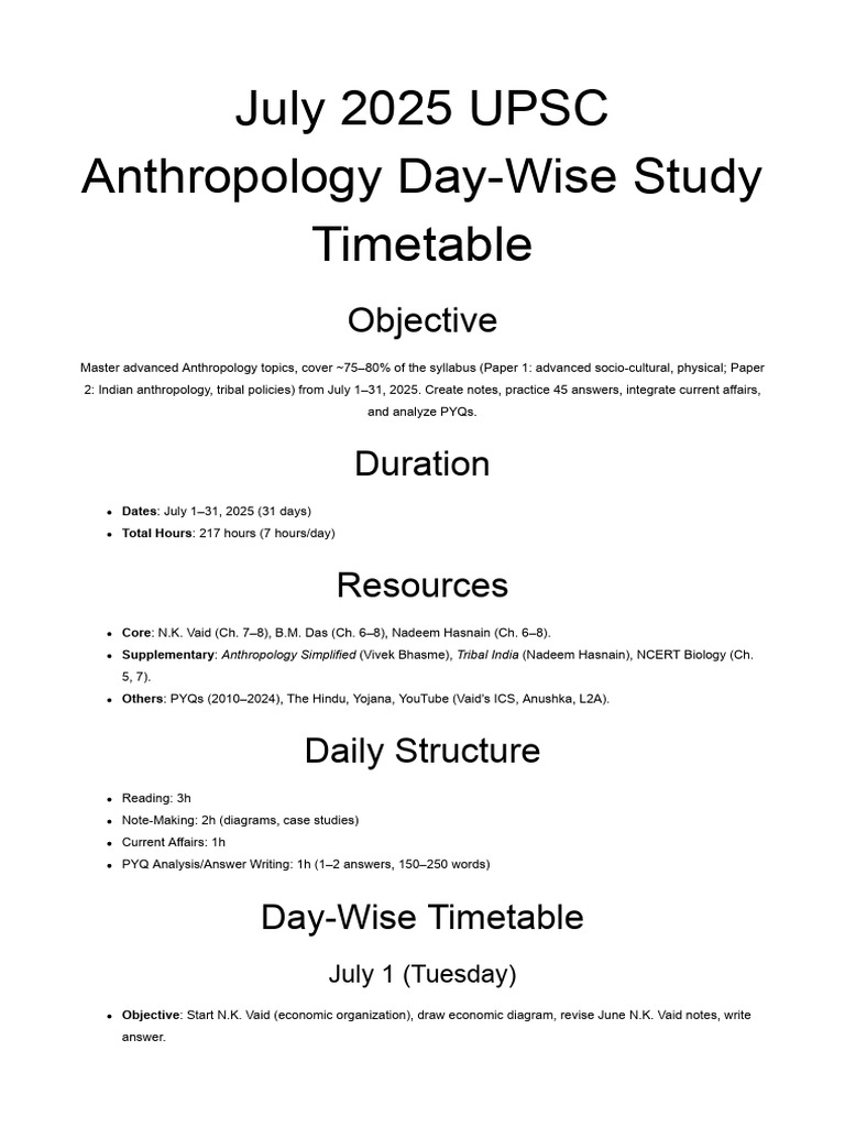 July 2025 UPSC Anthropology Day-Wise Study Timetable | PDF | Genetics ...