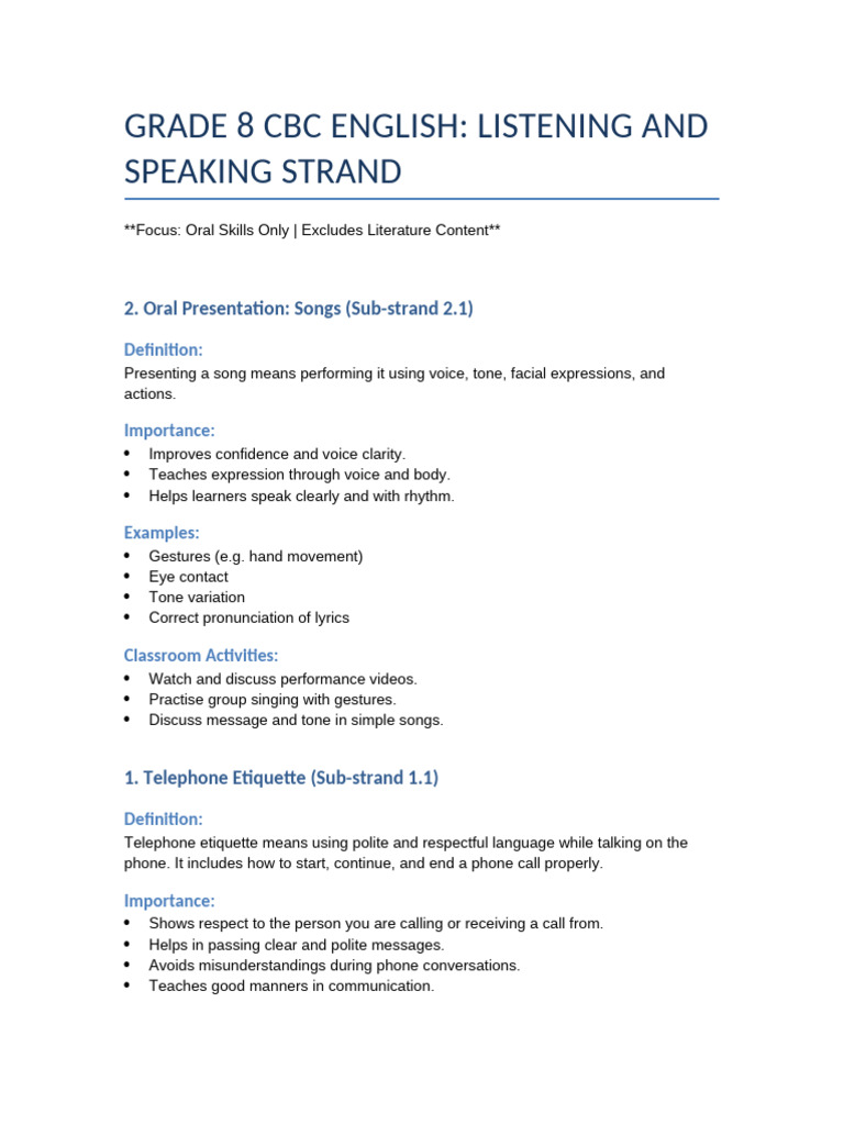 Grade 8 CBC English: Oral Skills Focus | PDF