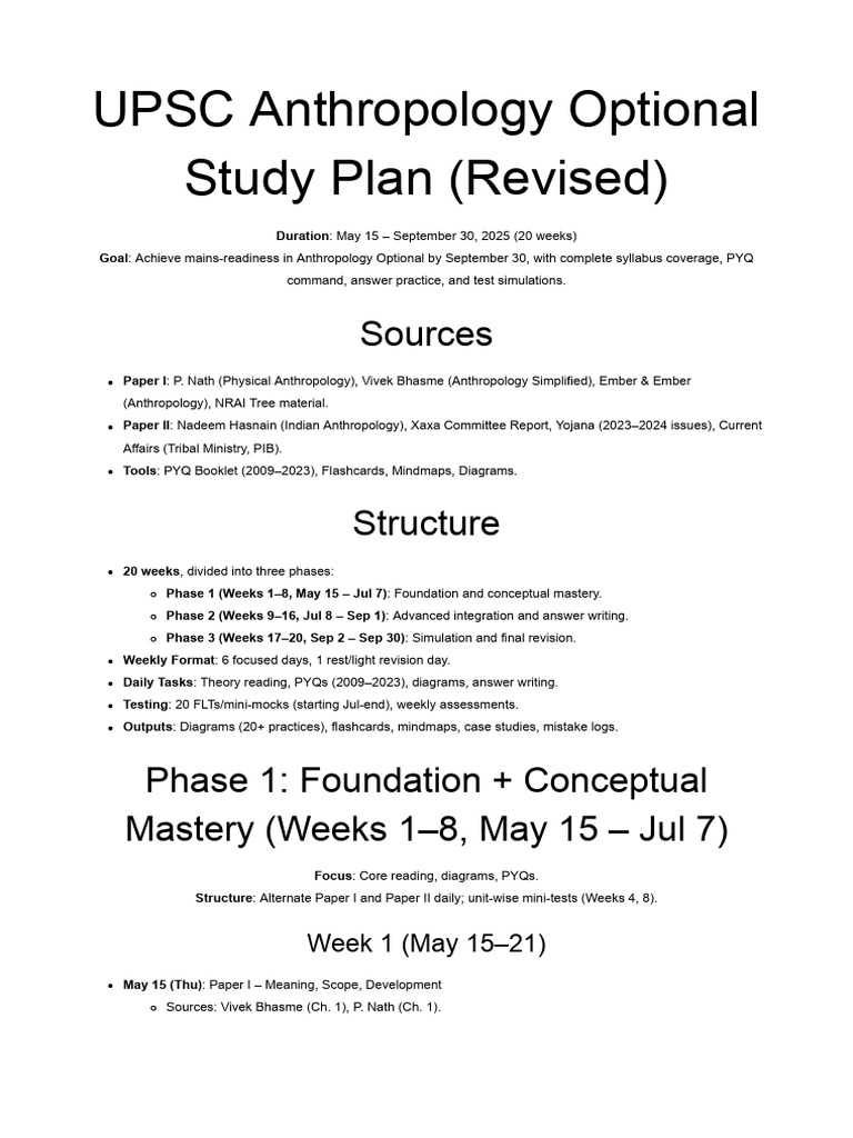 UPSC Anthropology Optional Study Plan (Revised) | PDF | Homo | Human Evolution