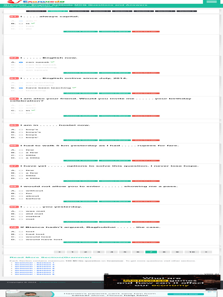 Grammar - English Aptitude MCQ Questions and Answers Page-7 section-2 ...