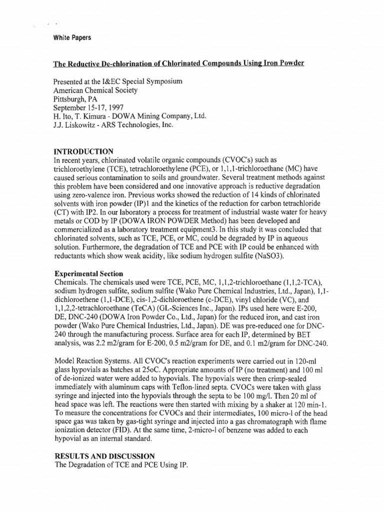 The Reductive De-chlorination of Chlorinated Compounds Using Iron ...