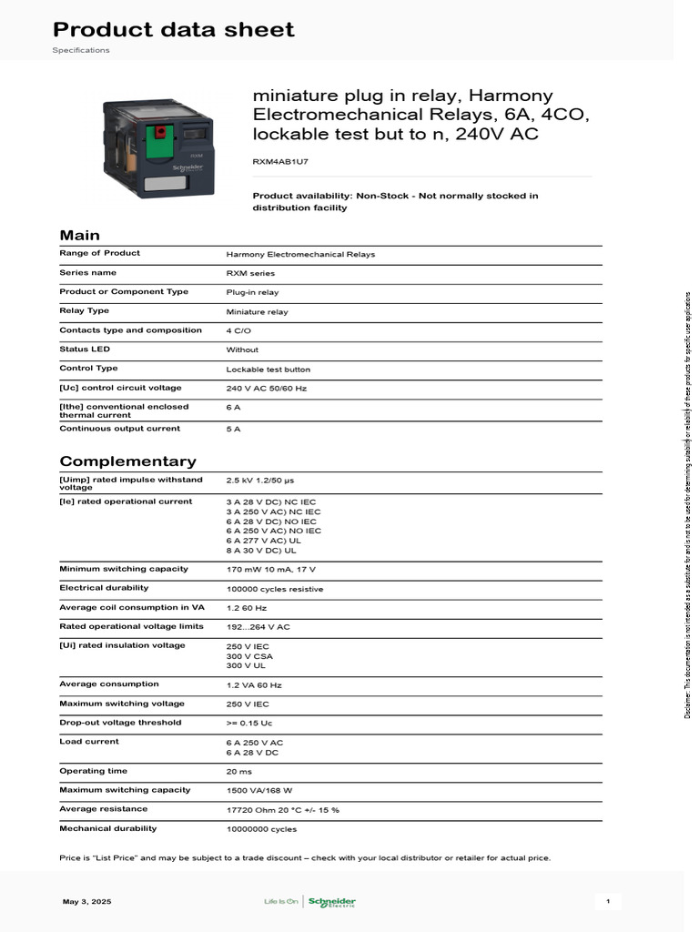 Schneider Electric Harmony-Electromechanical-Relays RXM4AB1U7 | PDF ...