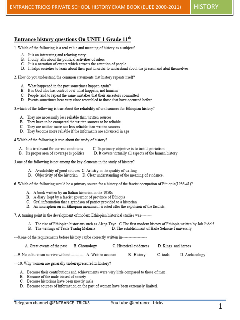Entrance Tricks History Grade 11 EUEE Exam Book From 2000 2011 | PDF ...