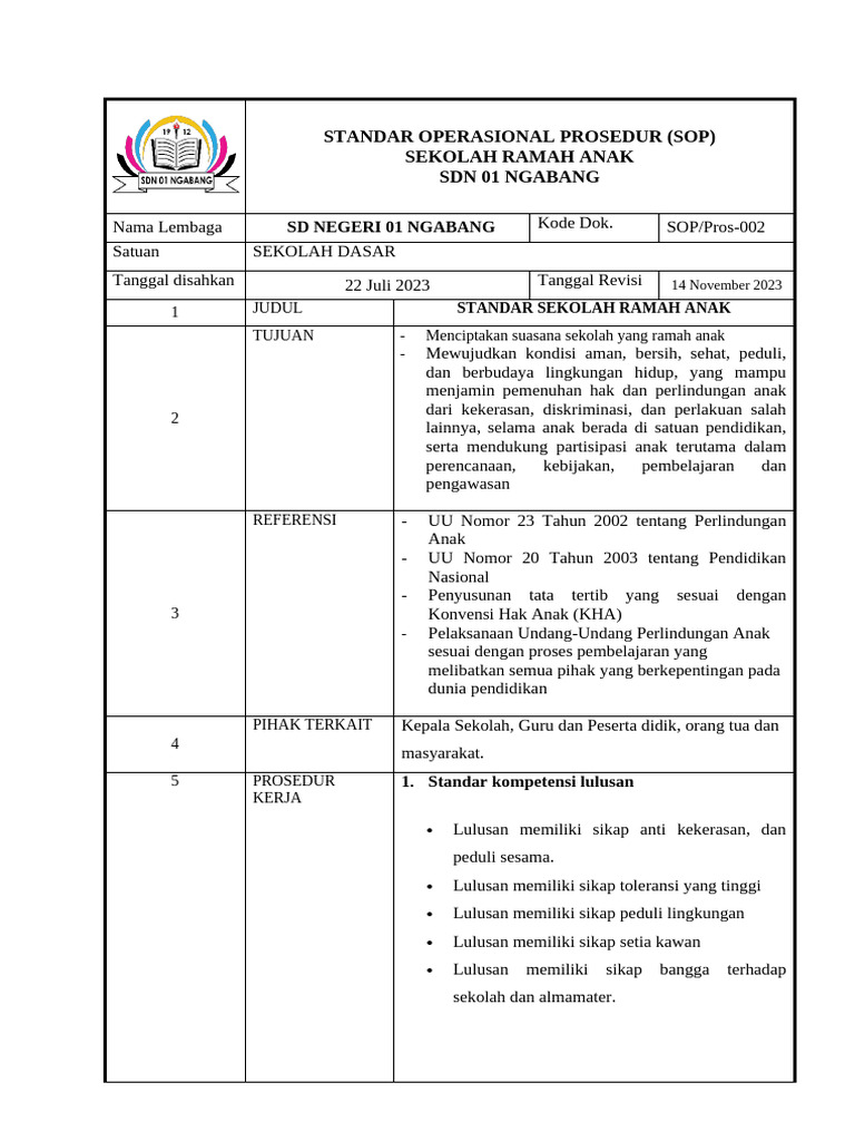 SOP Sekolah Ramah Anak | PDF