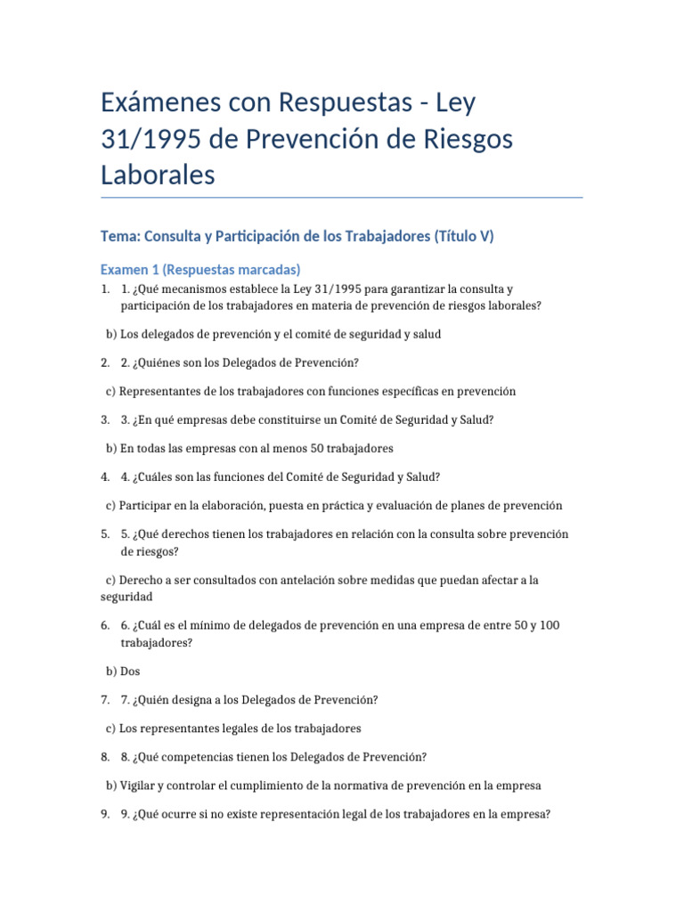 Examenes Resueltos Ley 31 1995 Consulta Trabajadores | PDF