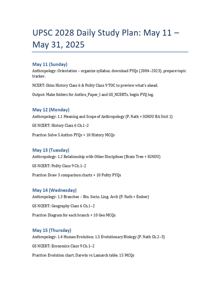UPSC May 11 To 31 Study Plan 2 | PDF