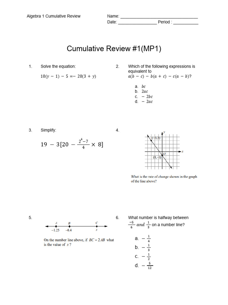 Algebra 1 Cumulative Review Guide | PDF | Equations | Algebra