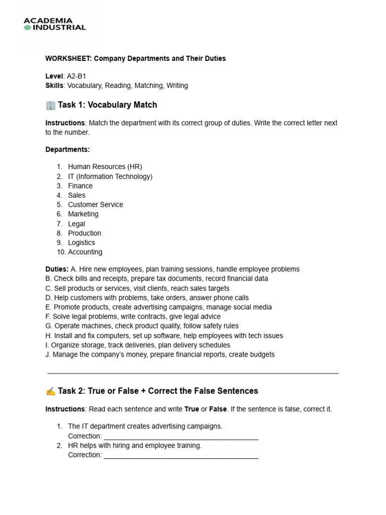 WORKSHEET - Company Departments and Their Duties | PDF
