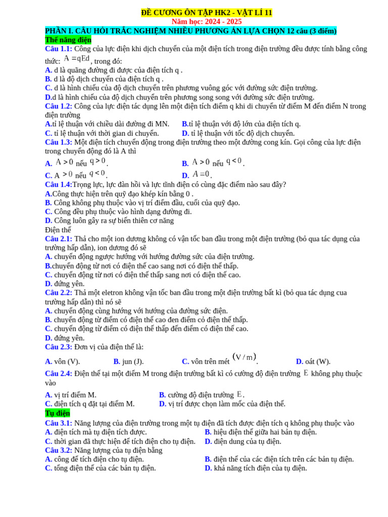 De Cuong On Tap hk2 Vat Li 11 KNTT 24 25 | PDF