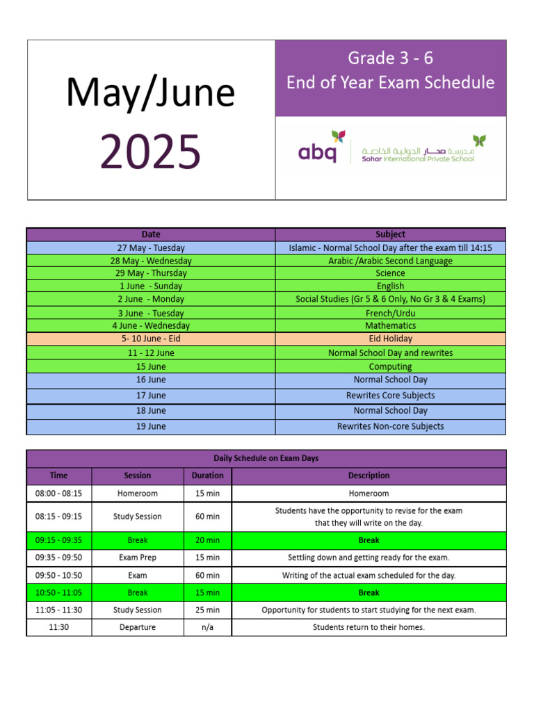 ABQ Sohar Primary - Exam Schedule June 2024.25 FINAL | PDF