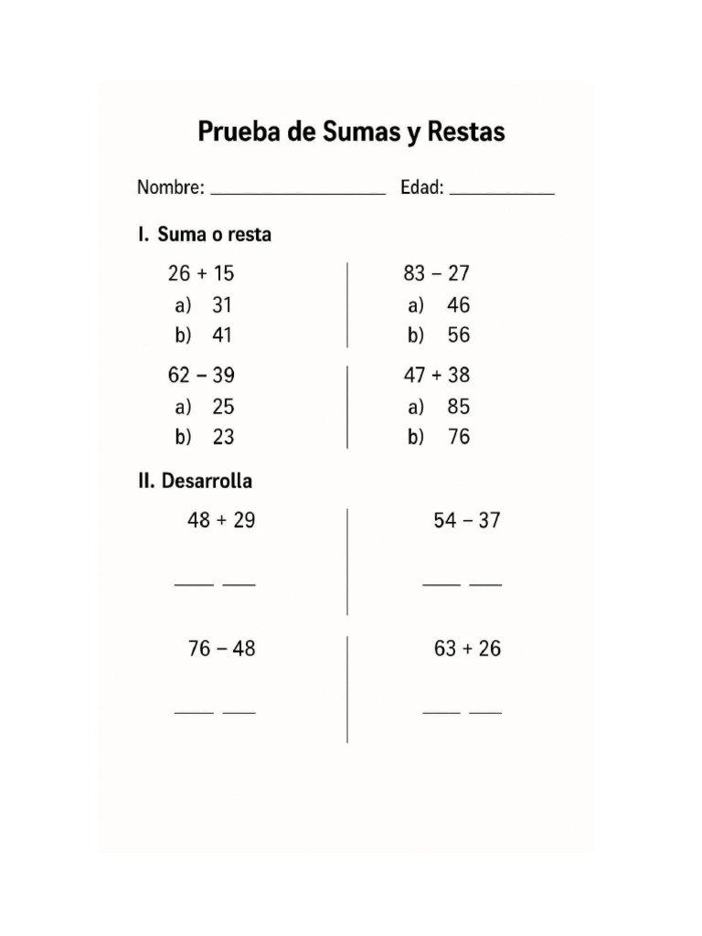 Sumas y Restas Prueba | PDF