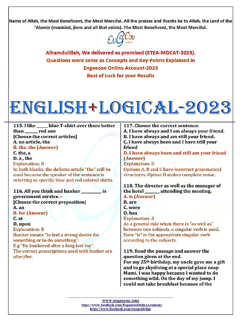 English + Logical Reasoning Solution+Key | PDF