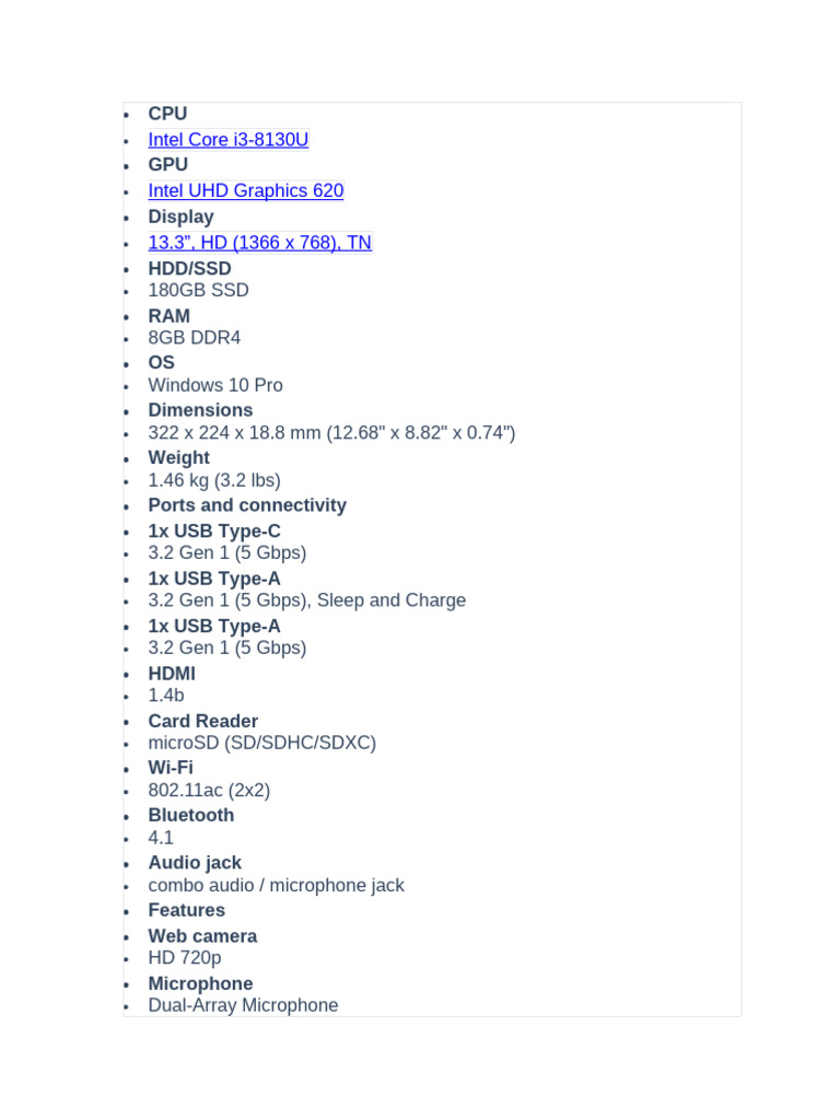 Intel Core i3-8130U Specifications | PDF
